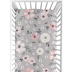 Sweet Jojo Designs Grey Watercolor Floral Girl Fitted Crib Sheet Baby or Toddler Bed Nursery - Blush Pink Gray and White Shabby Chic Rose Flower Farmhouse