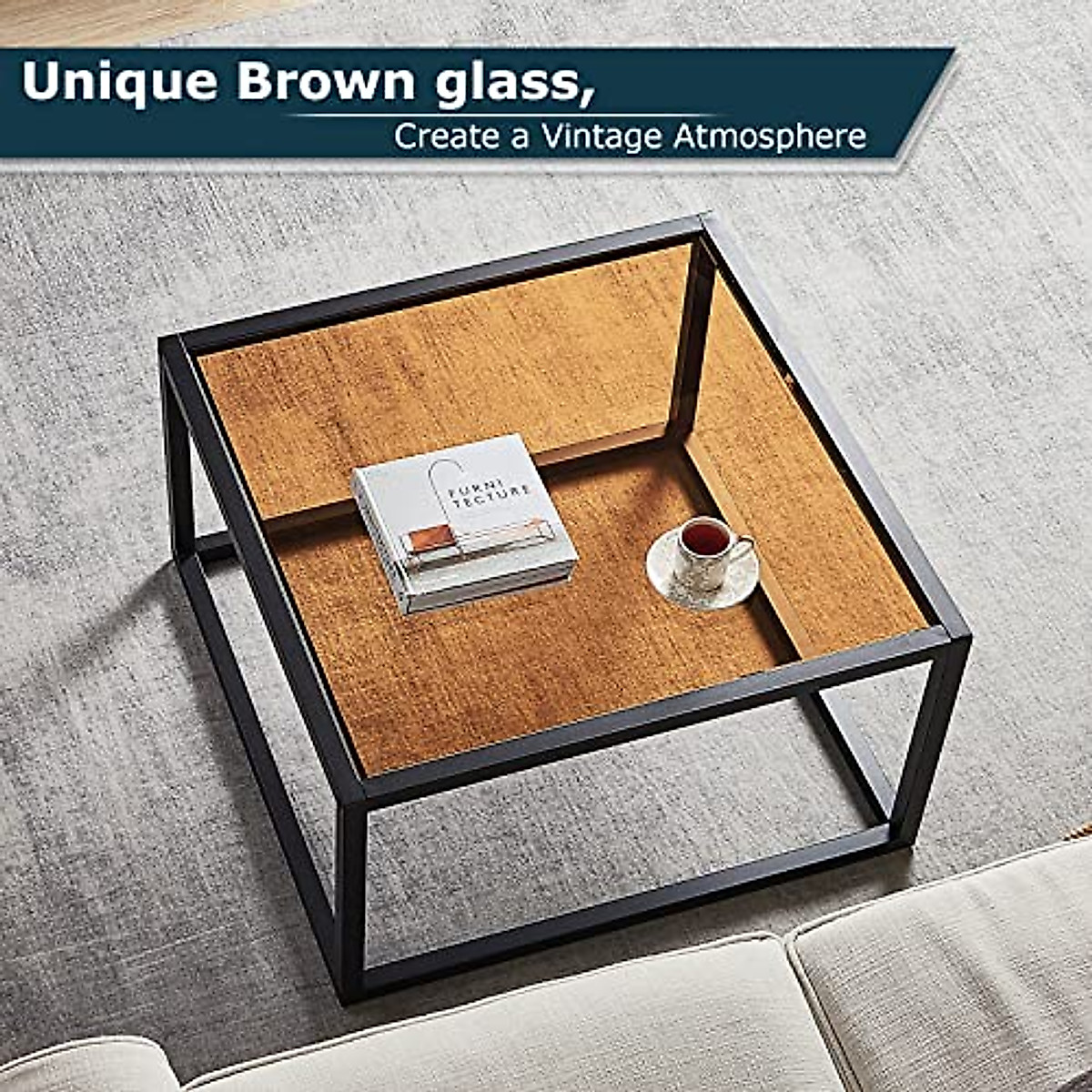 SAYGOER Glass Coffee Table Modern Coffee Tables Simple Square Center Table for Living Room Home Office Tempered Glass-top with Sturdy Metal Frame 26.7 x 26.7 x 15.7 Inches Easy Assembly, Brown Glass