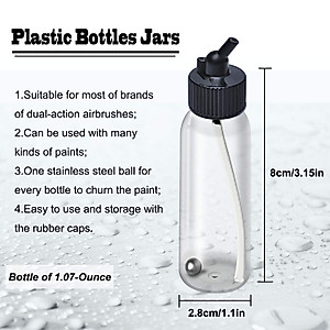 Ketofa 10pcs Airbrush Siphon Feed Jar, 1.07 Ounce(30CC) Plastic Airbrush Bottles Jars, Plastic Bottles Jars Lid Adapter Dual-Action Siphon Feed Accessories with 10x Rubber Caps