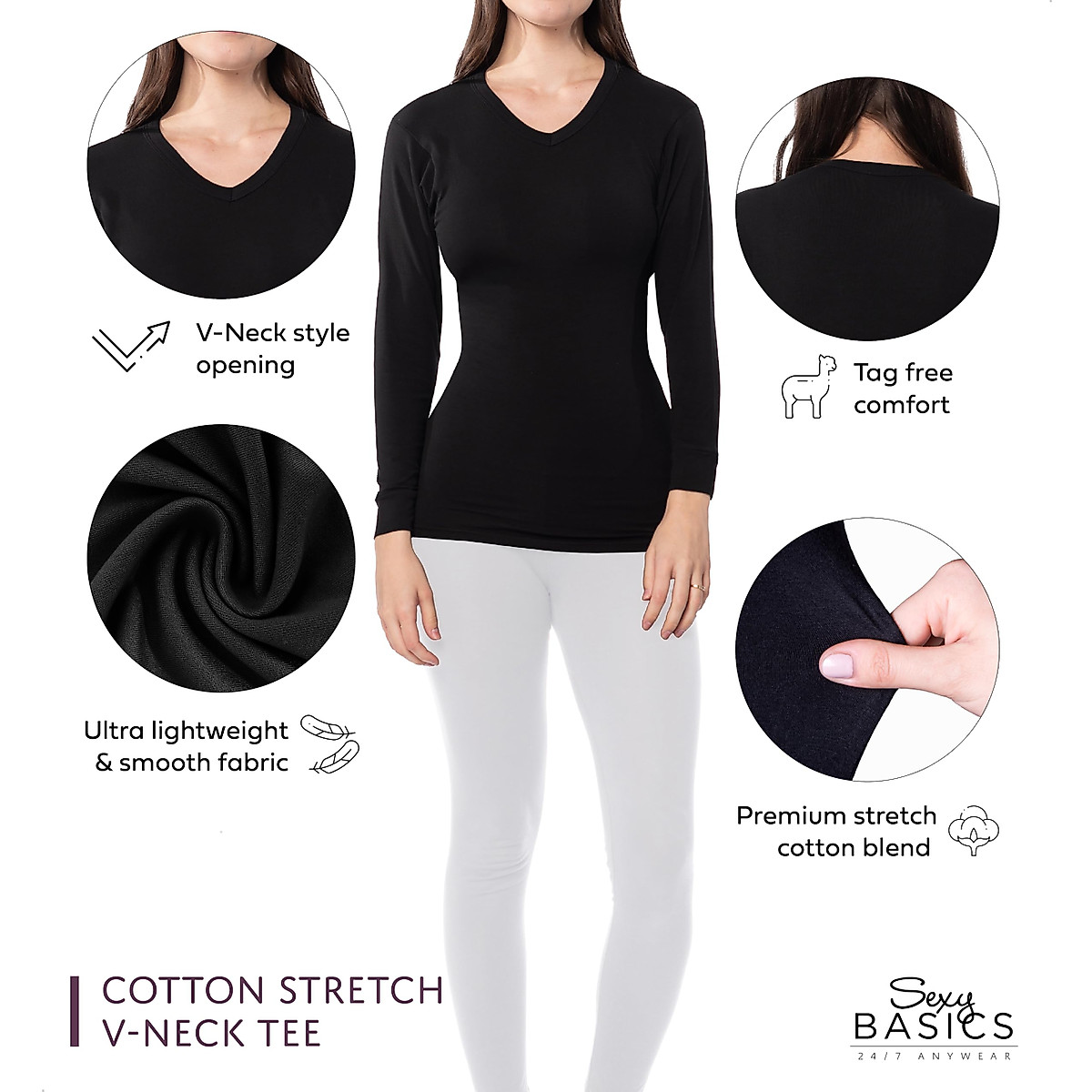 Sexy Basics Women's Cotton Stretch Long Sleeve V- Neck Athletic Tops | Casual & Active Color T Shirts | Multi Packs