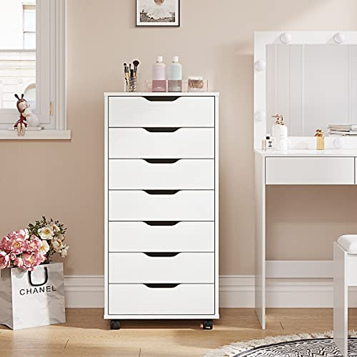 Panana 5/7 Drawer Chest, Wooden Tall Dresser Storage Dresser Cabinet with Wheels, Office Organization and Storage, Bedroom Furniture (White, 7 Drawer)