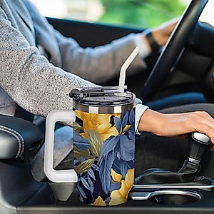LLUTSNTH 40 Oz Vacuum Tumbler with White Handle Leakproof Insulated Tumbler Blue Base Yellow Floral Stainless Steel Travel Mug with Lid And Straw Coffee Cup Cute Water Bottles Cup Holder Friendly