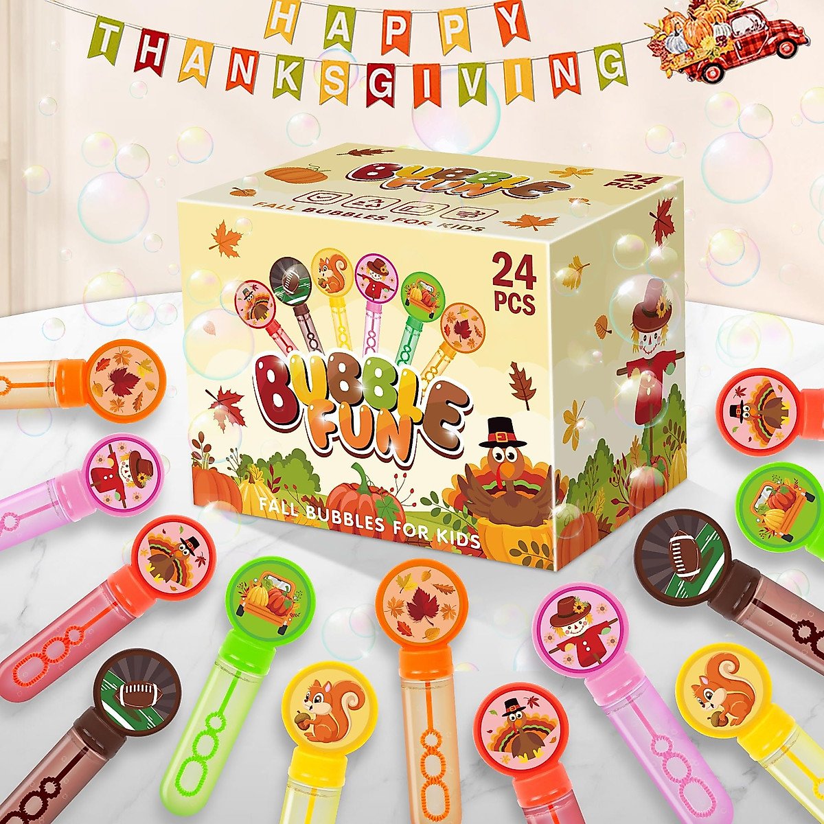 24 Pack Fall Party Favors Bubble Wands - Maple Leaves, Pumpkins, and Turkey Designs, Bubble Toys for Fall Thanksgiving Party Favors Goodie Bag Stuffers Classroom Prizes Thanksgiving Gifts
