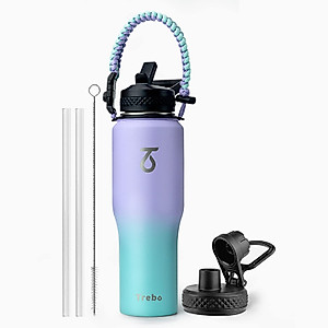 Trebo 32oz Insulated Water Bottle that Fits in Cup Holder, Stainless Steel Double Wall Tumbler Bottles with Paracord Handle, Flask with Straw Spout Lids, Keep Cold for 48 Hrs/Hot 24 Hrs,Cotton Candy