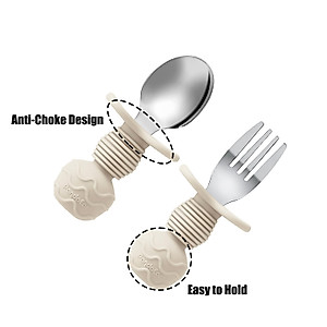 PandaEar 6 Pack Stainless Steel Toddler Spoons and Fork Feeding Set - Anti-Choke First Self Feeding Utensils for Kids Baby Girls Led Weaning Ages 18 Months+ (Pink/Beige)