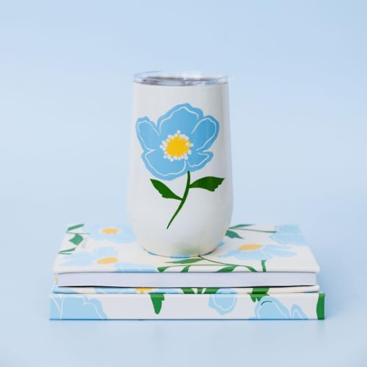 kate spade new york Insulated Stainless Steel Wine Tumbler, 16 Ounce Double Wall Tumbler, Blue Stemless Travel Cup with Lid, Sunshine Floral