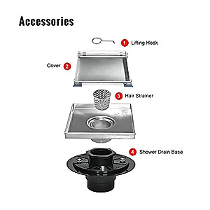 SaniteModar Shower Drain, 6 inch Shower Floor Drain with Shower Drain Base, Tiled Insert 2 in 1 Panel Shower Drain, 304 Stainless Steel Brushed Shower Drain with Hair Strainer and Threaded Adapter