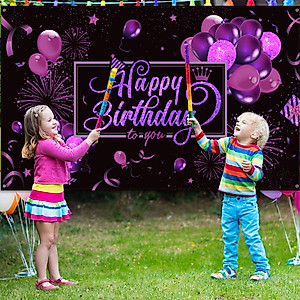 Blulu Happy Birthday Backdrop Banner Sign Poster Large Fabric Glitter Balloon Fireworks Sign Photo Backdrop Background for Birthday Party Decoration Supplies, 72.8 x 43.3in(Black and Purple)