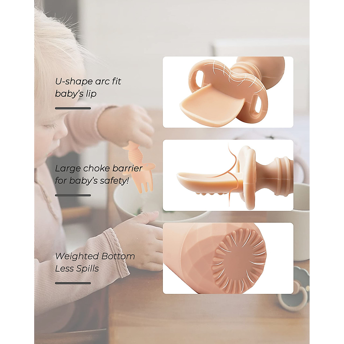 3 Pcs Baby Utensils, Baby Spoons Self Feeding 6 Months with Baby Fork and Silicone Baby Cup, Baby Utensils 6-12 Months, Toddler Utensils for Baby Led Weaning (Blush)…