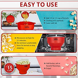 SOL - Heat-Resistant Cooking Utensil Set Microwave Silicone Popcorn Maker with Lid and BPA Free,Heat Resistant Silicone Popcorn Maker Collapsible Bowl 10 X 8 X 6 Inches - Red