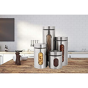 PENGKE Canisters Set,4 Piece Silver Stainless Steel Canister Set with Glass Windows,Perfect for Kitchen Canning Cereal,Pasta,Sugar,Beans,Spice