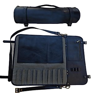 Modusso 100% Leather Handcrafted Professional Chef Knife Storage Roll Bag - 10 slots and zippered pocket (Regular, Black)
