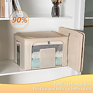 FAikhom 3 Pack Stackable Storage Bins- Foldable Metal Frame Storage Box Oxford Fabric Stackable Clothes Container Organizer with clear Window & Carry Handles (66L, Beige)