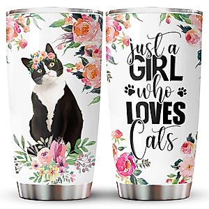34HD Just A Girl Who Loves Cats Tumbler with Lid, 20 oz Stainless Steel Vacuum Insulated Tuxedo Coffee Mug, Cat Mom Gifts for Cat Lovers Women Birthday Mothers Day Christmas