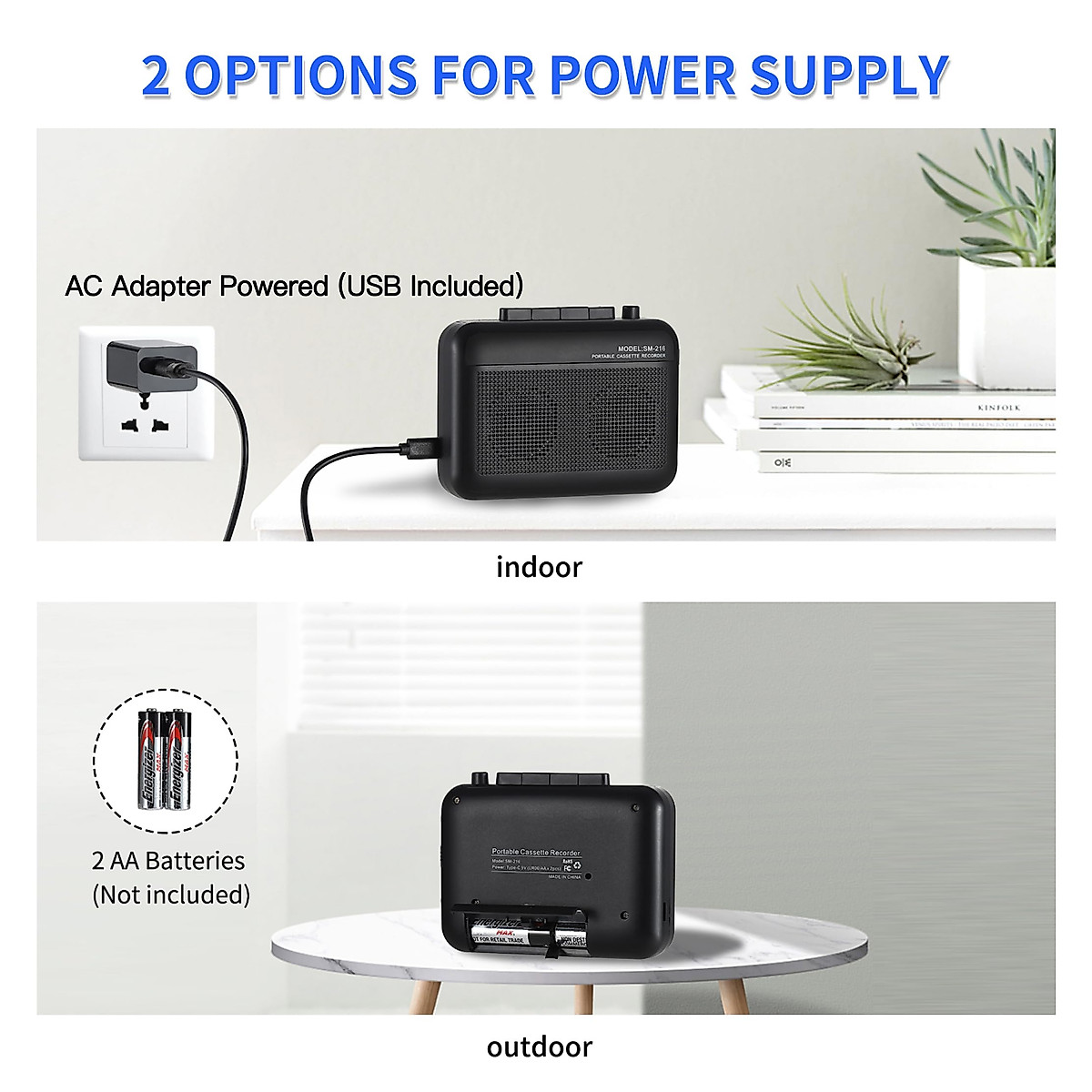 Portable Cassette Player Recorder with Bluetooth Transmitter, Walkman Cassette Tape Player with Headphone Jack, Build-in Speaker, Microphone Jack, Powered by AC Adapter or AA Battery- Black