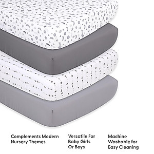 The Peanutshell Grey Moon & Stars Fitted Crib Sheet Set, Unisex 4 Pack Celestial Print, Grey & White