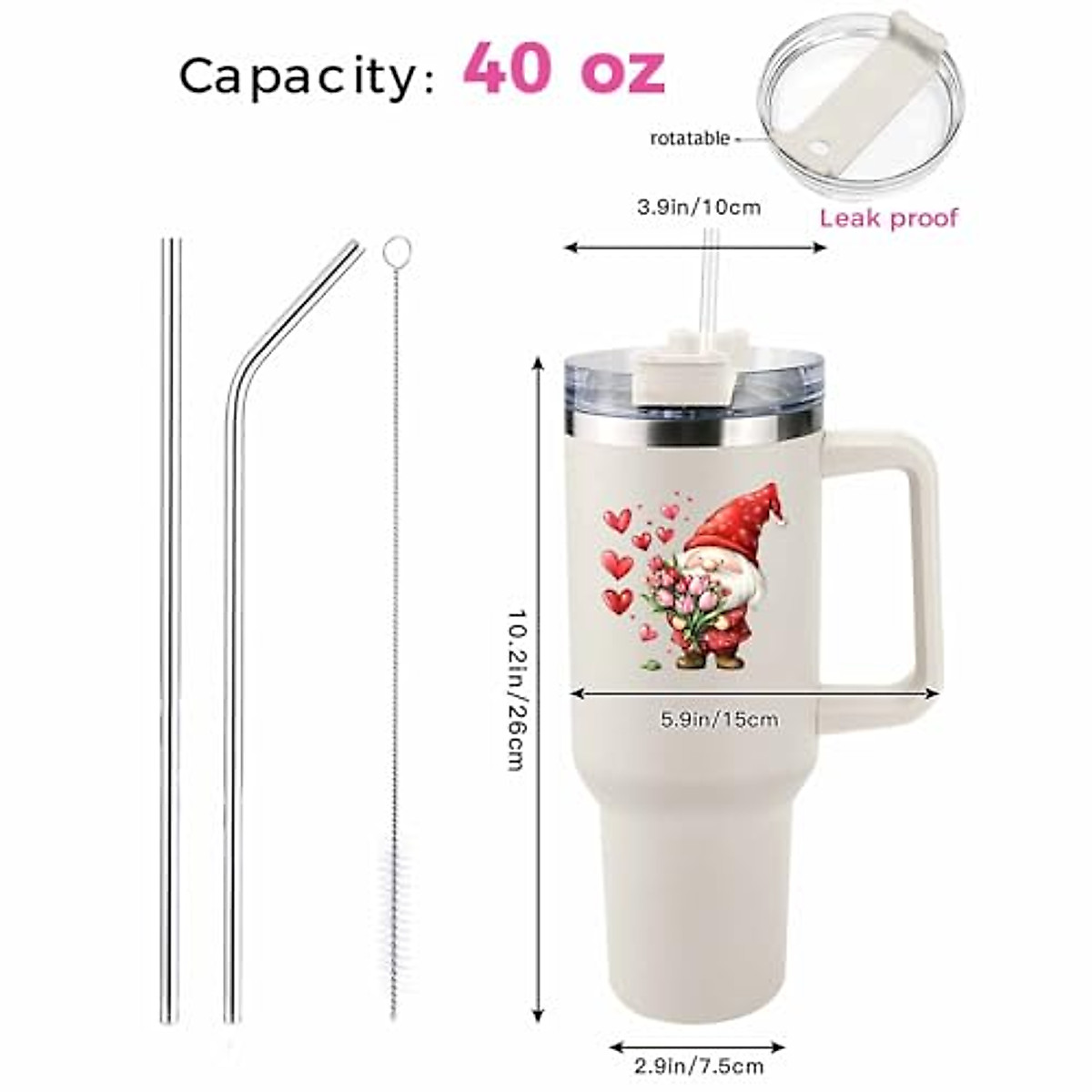 LB LEOBON 40 ounce insulated cup with handle, double-layer vacuum stainless steel material, equipped with straw, can keep warm or maintain cold drinks Red Love Gnome D white