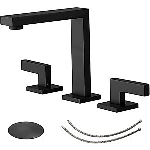 BWE Widespread Bathroom Faucet 3 Hole Matte Black with Pop Up Drain Assembly and Supply Hose Bathroom Faucets for Sink 2-Handle 3 Pieces 8 Inch Basin Lavatory Mixer Tap Lead-Free