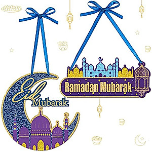 Jetec 2 Pieces Eid Ramadan Mubarak Decorations Eid Mubarak Wood Hanging Signs Eid Mubarak Moon Ornament Wall Door Window Decor Party Supplies