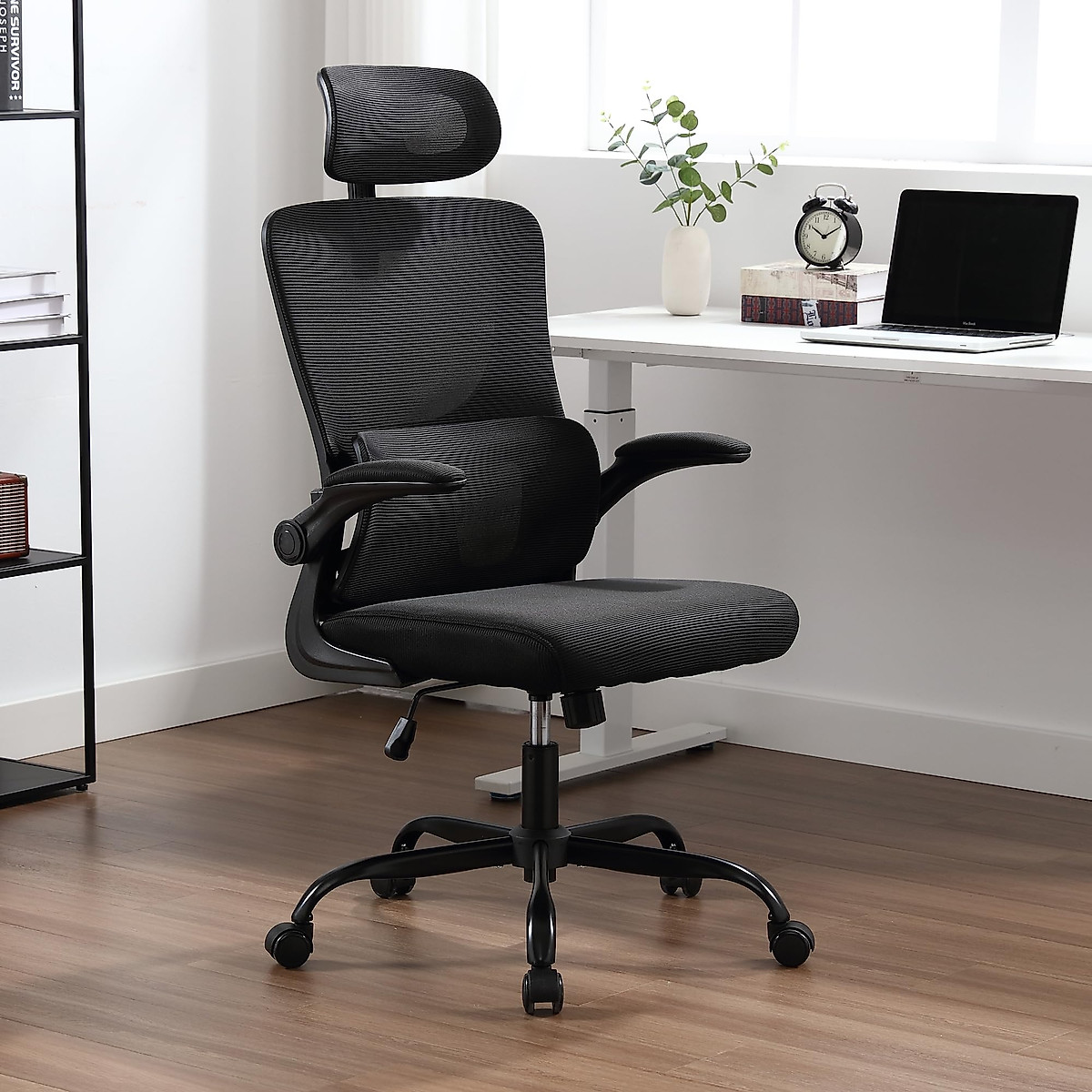 Westice Ergonomic Office Chair, Executive Mesh Office Chair with Flip up Arms & Adjustable Height, Comfortable High Back Swivel Computer Desk Chairs with Lumbar & Back Support, Black