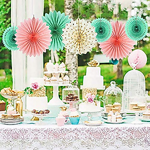 SUNBEAUTY Paper Fans Decorations Kit Wedding Bridal Shower Baby Shower Birthday Decoration Hanging Paper Honeycomb Decoration, Cream Mint Green Rose Pink 7pcs