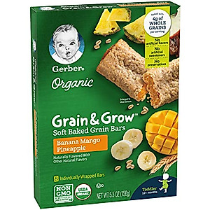 Gerber Organic Grain & Grow Toddler Bars, Banana Mango Pineapple, Soft Baked Grain Bars Toddler Snack, 8 Individually Wrapped Bars/Box (Pack of 2 Boxes)