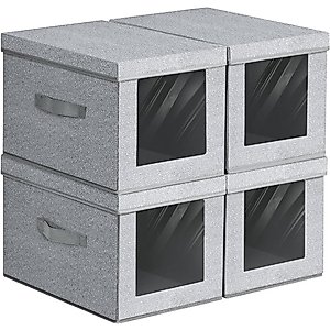Homsorout Fabric Bins for Storage - Decorative Storage Basket with Lid, Clothes Storage Cubes with Side Window, Collapsible Storage Containers for Home, Deep Shelves, 4 Pack, Light Gray