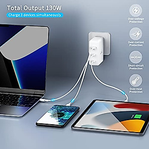 130W USB C GaN Charger, 2 USB-C PD 100W & 1 USB-A QC 18W Fast Charger, Foldable Wall Charger for MacBook pro/Air, iPad, USB C Laptop, iPhone 13/12/11/Pro/Max/Galaxy/Note and More.