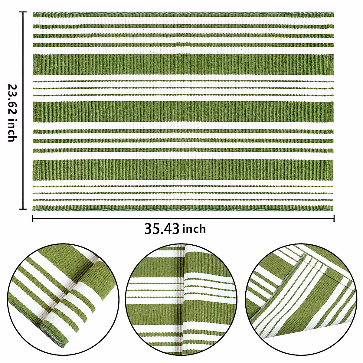 Green and White Striped Outdoor Rug 24'' x 35'' Door Mat Outdoor Machine Washable Welcome Mats Cotton Hand-Woven Entryway Rug for Front Porch/Entryway/Laundry/Bathroom/Bedroom