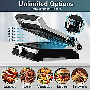 OMAIGA Panini Press, Sandwich Maker, 1500W 6-Serving Indoor Grill, Stainless Steel Top Surface, Detachable Non-stick Die-cast Aluminium Plates, Upright Storage, Opens 180 degrees
