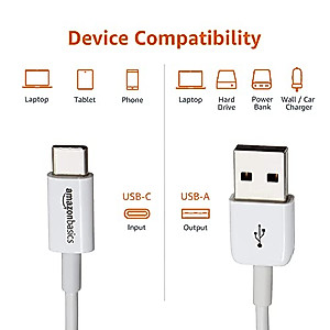 Amazon Basics USB Type-C to USB-A 2.0 Male Charger Cable, 6 Feet (1.8 Meters), White, Laptop
