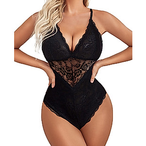 Avidlove Lingerie for Women Teddy Lingerie Snap Crotch Sexy Lace Bodysuit One Piece Teddy(Black,S)