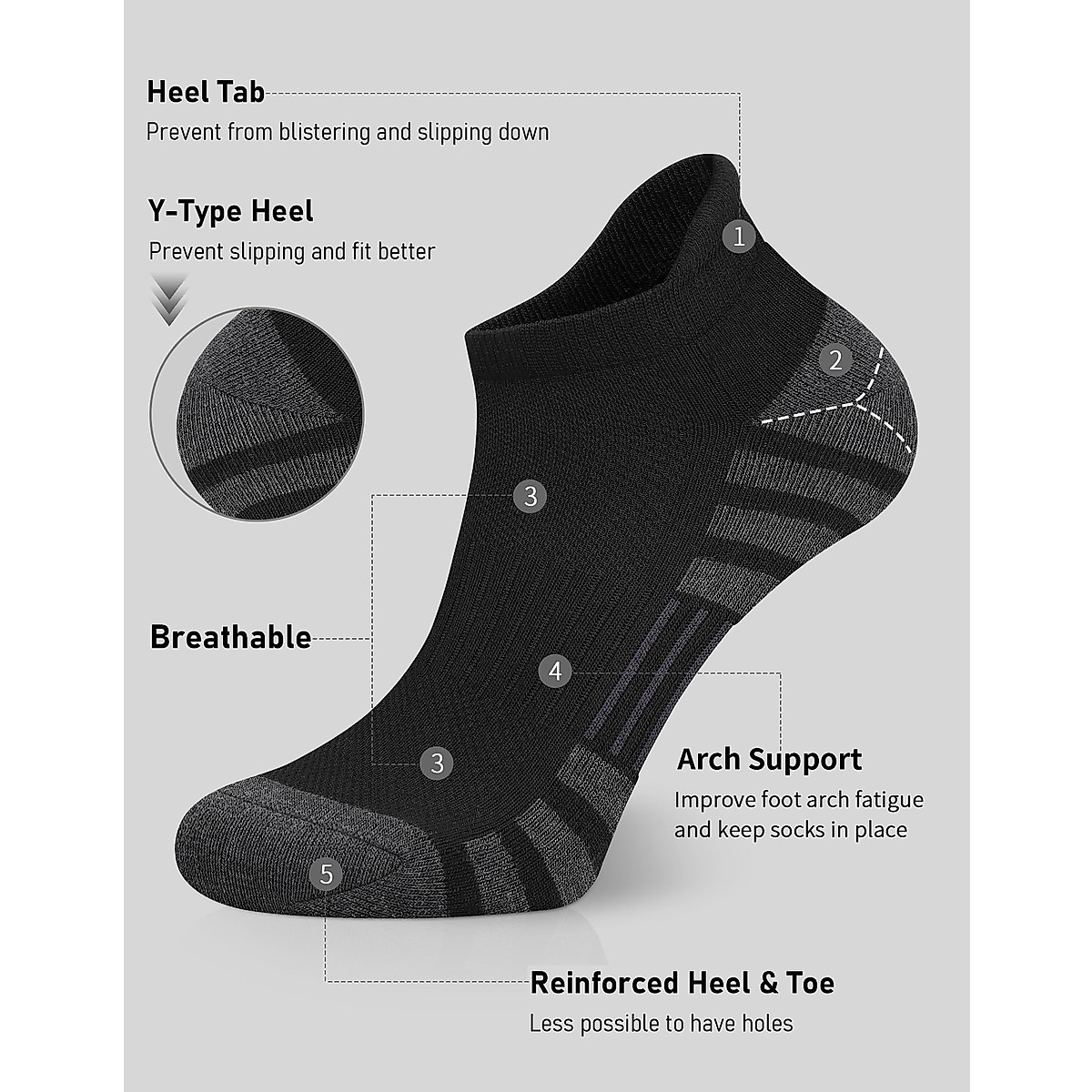 Airacker Ankle Athletic Running Socks Cushioned Breathable Low Cut Sports Tab Socks for Men and Women (6 Pairs)