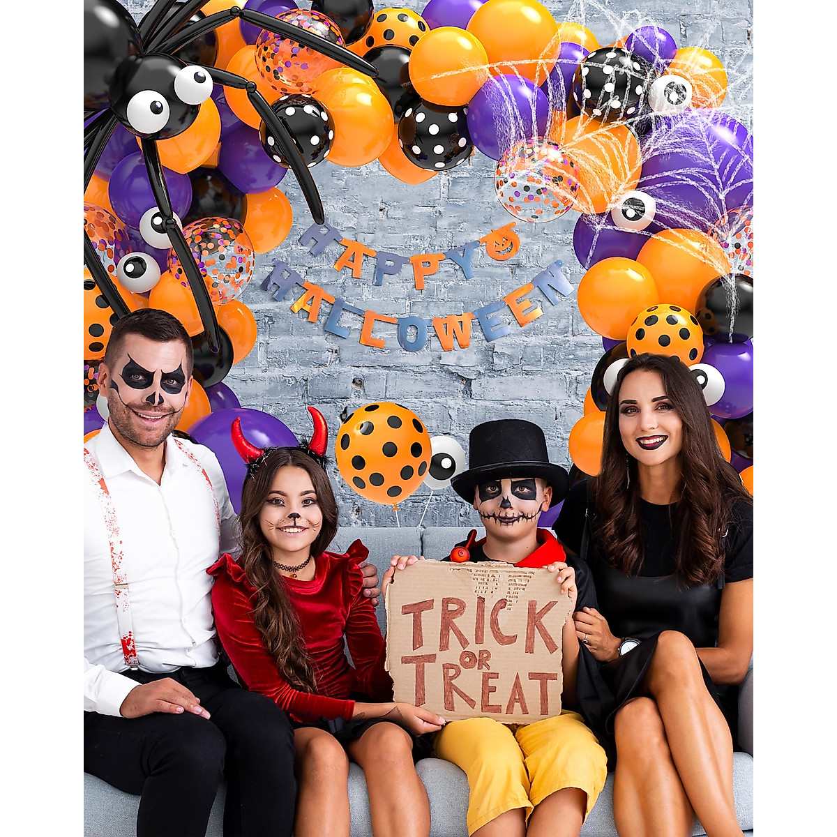 Gojmzo Halloween Balloon Garland Arch Kit, 5/10/12/18 Inch Confetti Purple Black and Orange Balloons with Spider Web, Halloween Decorations Indoor, Halloween Balloon for Party Decorations