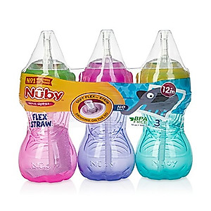 Nuby 3 Piece Girl No-Spill Cup with Flex Straw, 10 Ounce