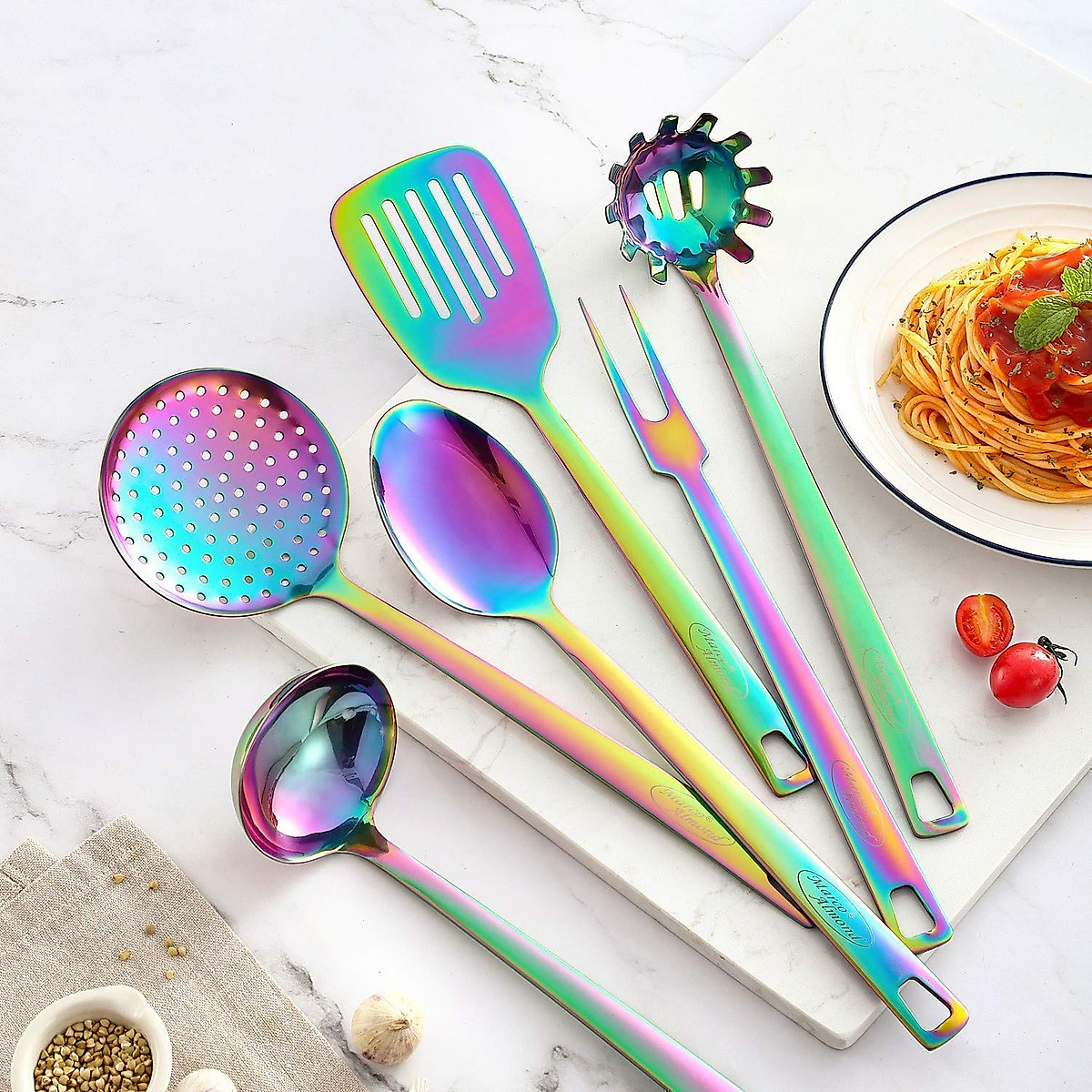 KYA27 Kitchen Knives Set with Wooden Block+ KYA52 Rainbow Kitchen Utensils Set+ KYA55 Rainbow Titanium Long Handle Spoons PACK of 8