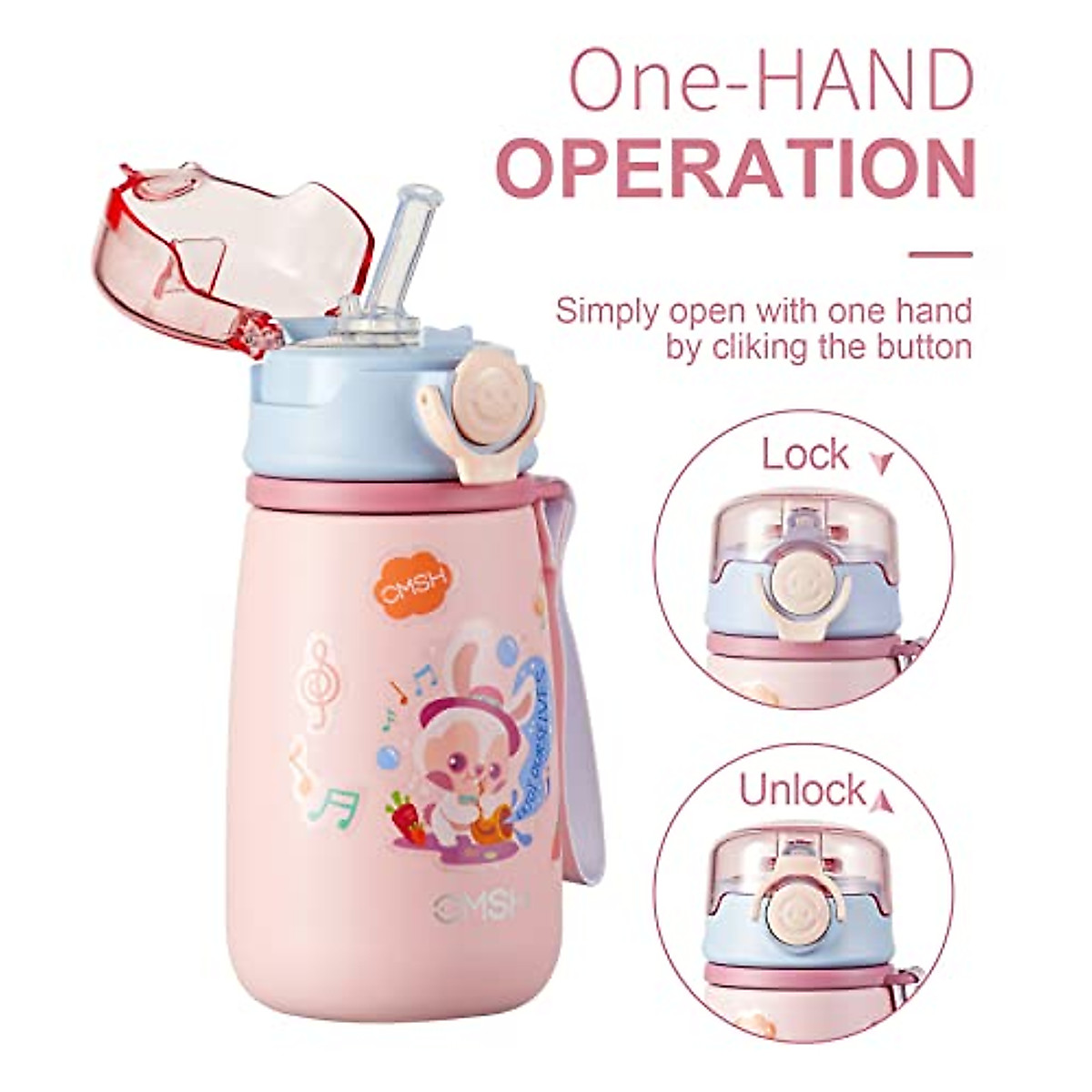 TKK Kids Insulated Water Bottle 16 oz Double Wall Vacuum Stainless Steel Thermos with Leak Proof Straw Lid & Strap Handle & Sticker (Pink)
