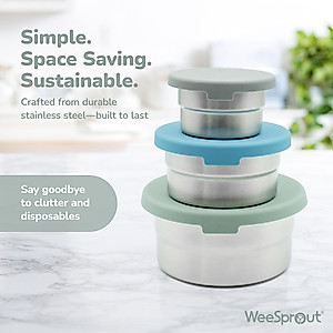 WeeSprout 18/8 Stainless Steel Food Storage Containers - Set of 3 Metal Food Storage Containers (150 ml, 200 ml, 400 ml), Leakproof Silicone Lids, Easy to Open, Durable, for Snacks, Lunches, Sauces