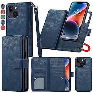 Varikke for iPhone 14 Wallet Case, Detachable Magnetic Wallet Flip Cases with Card Holder & Kickstand & Wristlet Fits iPhone 14 [6.1 inch] Phone Cover for Women Men Durable PU Leather, Vintage Blue