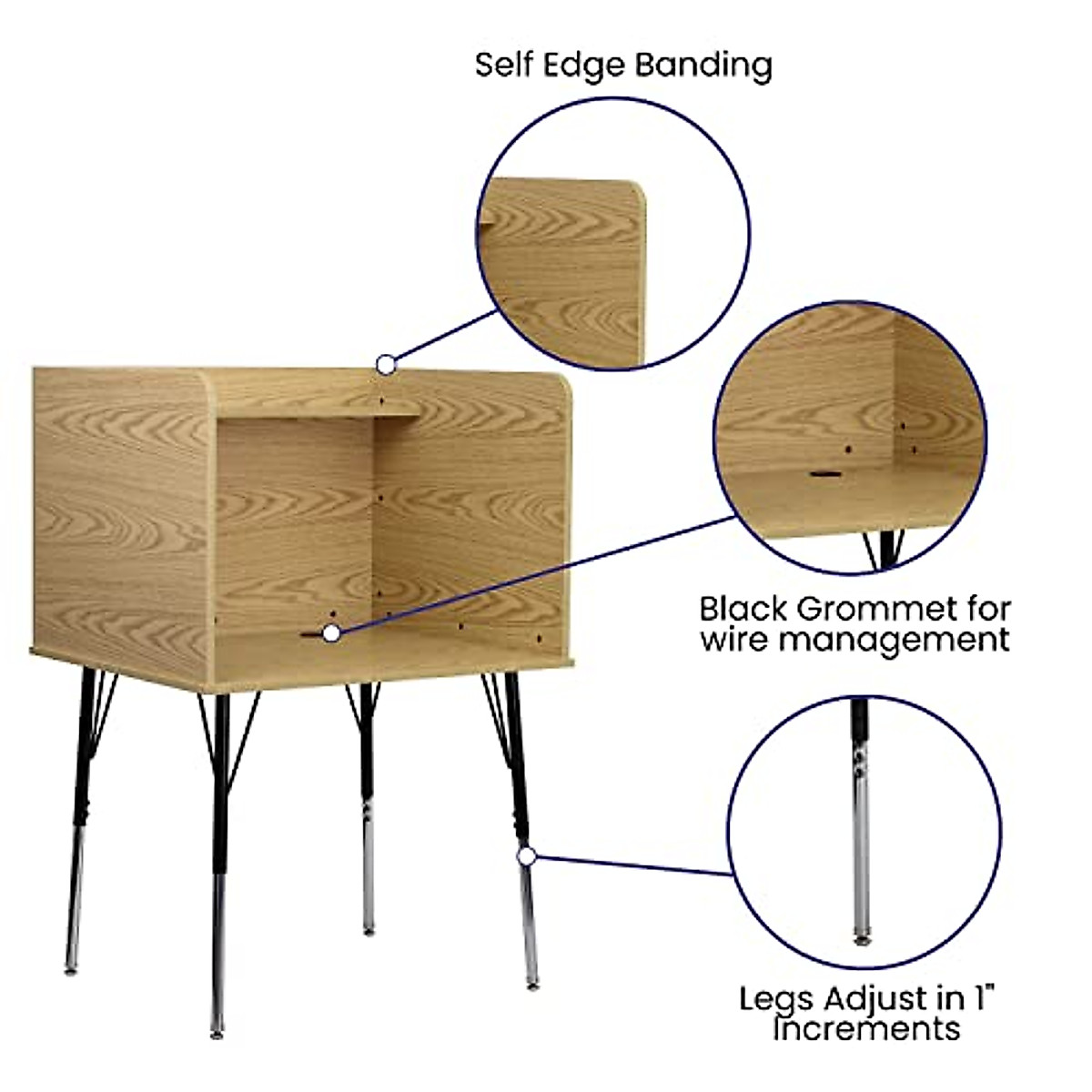 Flash Furniture Study Carrel - Oak Finish with Top Shelf - Height Adjustable Legs - Wire Management Grommet