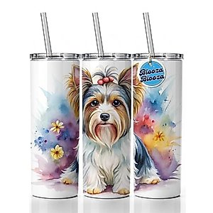 Biewer Terrier Dog Watercolor Style Skinny Tumbler 20oz with Straw Insulated Water Bottle Gift