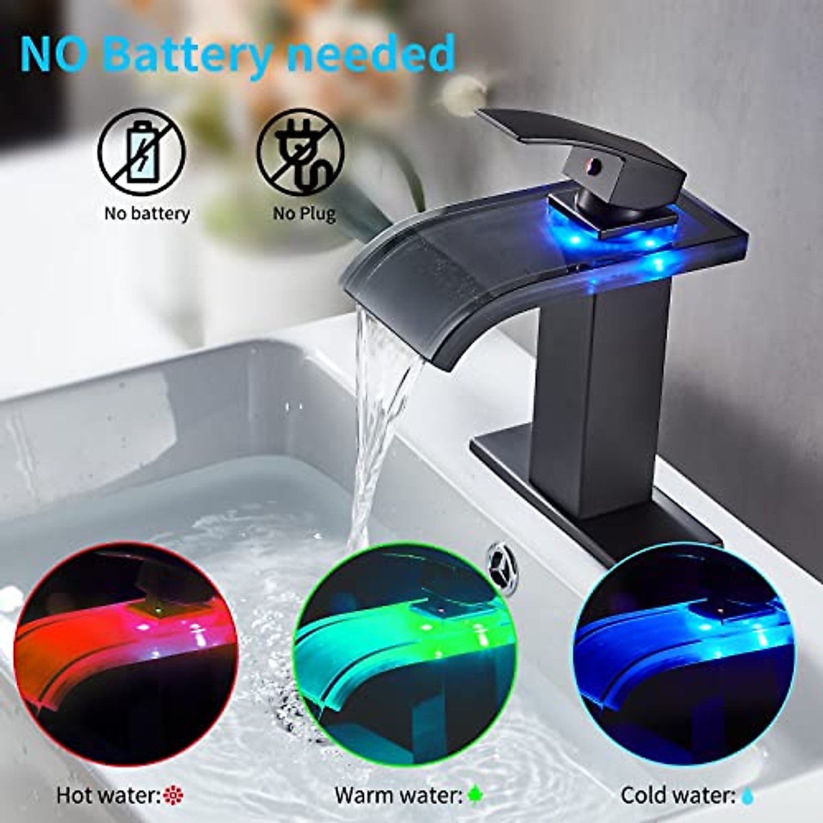 LOOPAN LED Bathroom Sink Faucet 1 Hole Waterfall Single Handle Faucet Black Glass Spout with Pop Up Drain Single Hole Bath Vanity Faucets for Sinks 2 Water Supply Lines