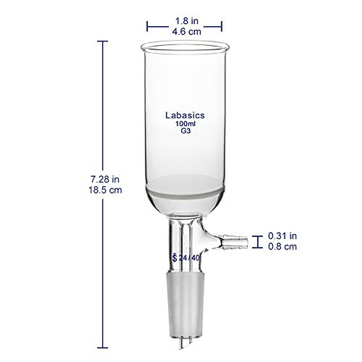 Labasics Borosilicate Glass Buchner Filtering Funnel with Fine Frit (G3), 46mm Inner Diameter, 80mm Depth, with 24/40 Standard Taper Inner Joint and Vacuum Serrated Tubulation (100ml)