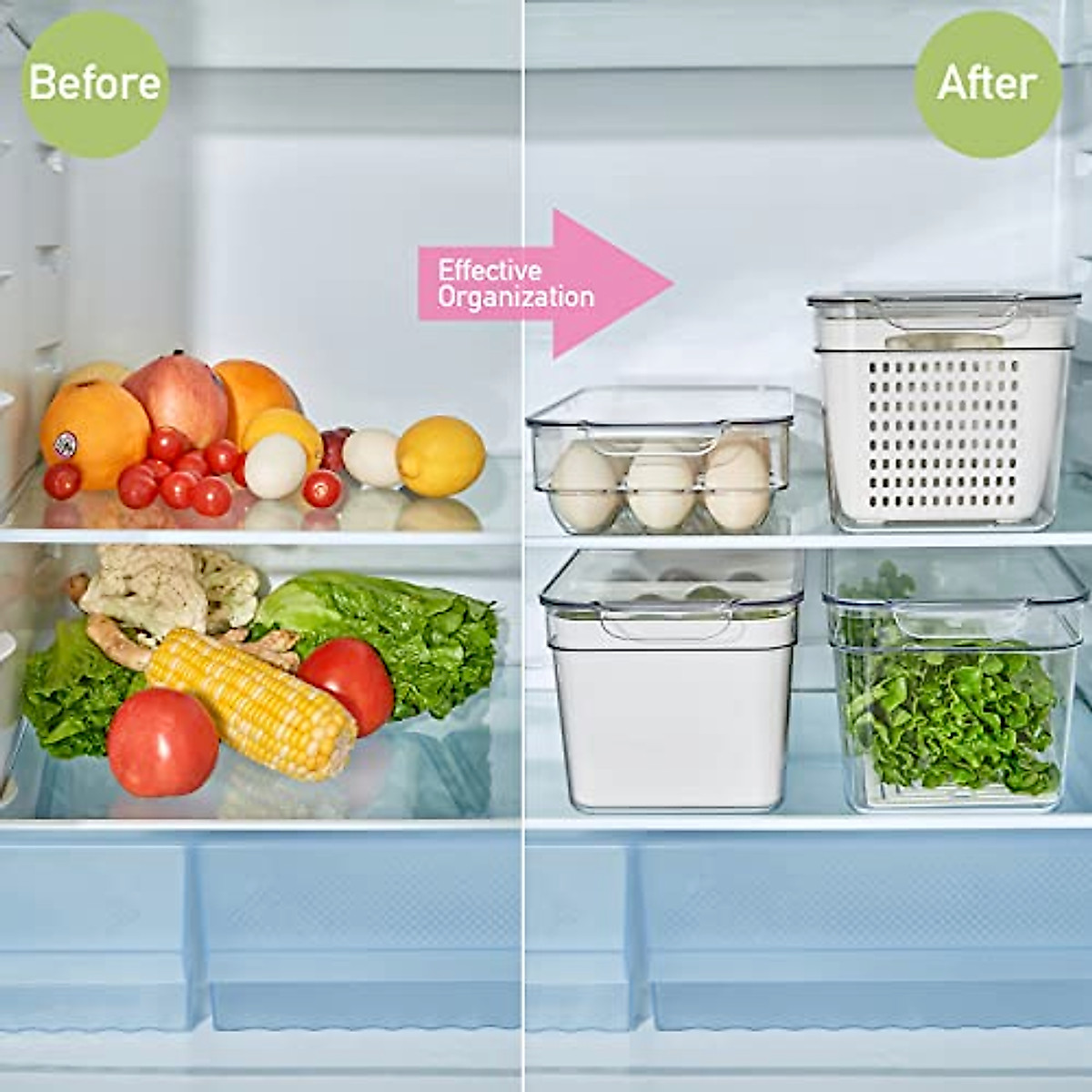 Sunview 7Pack Fruit Containers for Fridge,Produce Saver Refrigerator Organizer Bins,Kitchen Food Storage with Removable Drain Colanders Fridge Organizer,with Ice Tray and Reusable Food Storage Bags