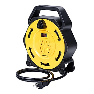 DEWENWILS Extension Cord Reel with 25 FT Power Cord, Hand Wind Retractable, 16/3 AWG SJTW, 4 Grounded Outlets, 13 Amp Circuit Breaker, Yellow, Black, UL Listed