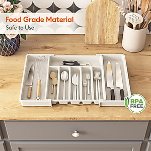 Lifewit Silverware Drawer Organizer, Expandable Utensil Tray for Kitchen, BPA Free Flatware and Cutlery Holder, Adjustable Plastic Storage for Spoons Forks Knives, Large, White