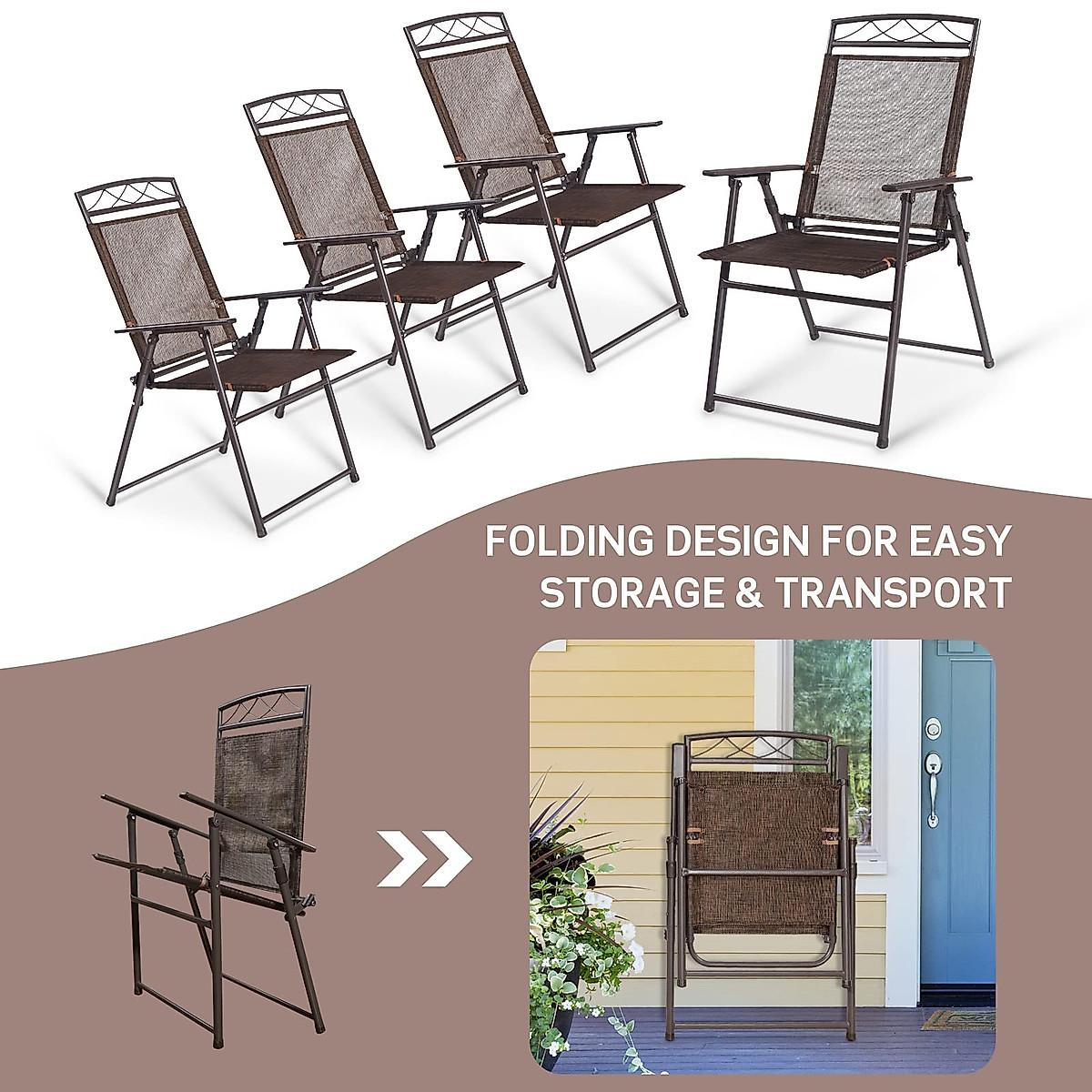 Tangkula Set of 4 Patio Folding Chairs, Foldable Patio Chairs Sling Chairs for Backyard Poolside Balcony, Portable Camping Chair Lawn Chair Outdoor
