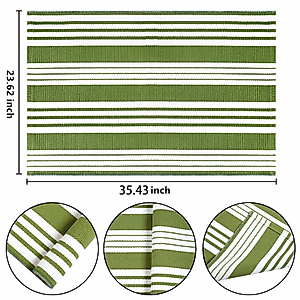 Green and White Striped Outdoor Rug 24'' x 35'' Door Mat Outdoor Machine Washable Welcome Mats Cotton Hand-Woven Entryway Rug for Front Porch/Entryway/Laundry/Bathroom/Bedroom