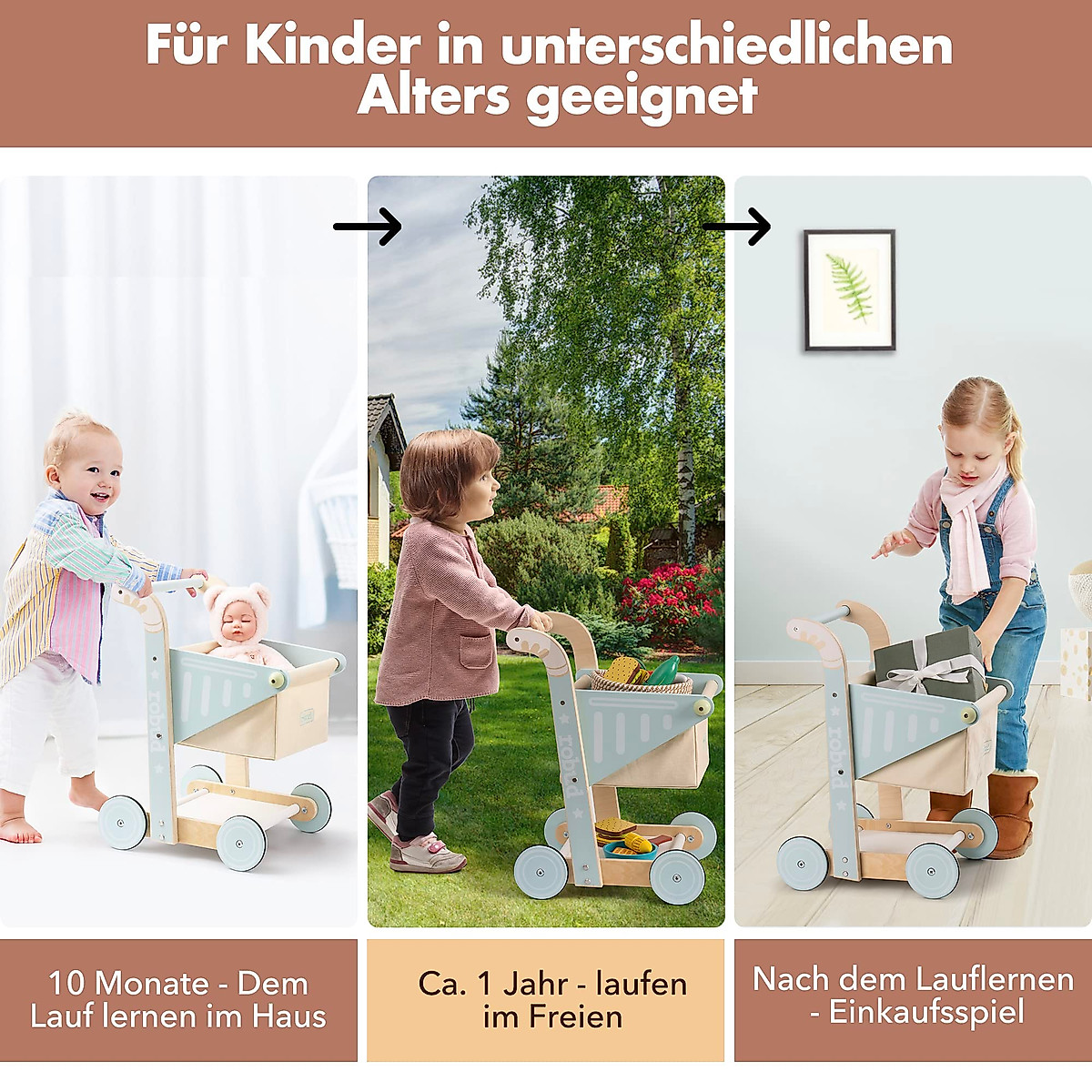 ROBUD Wooden Baby Walker for Girls Boys, Wooden Shopping Cart for Kids Toddlers, Learning Walker Toys for 10 Months 1 Year Old