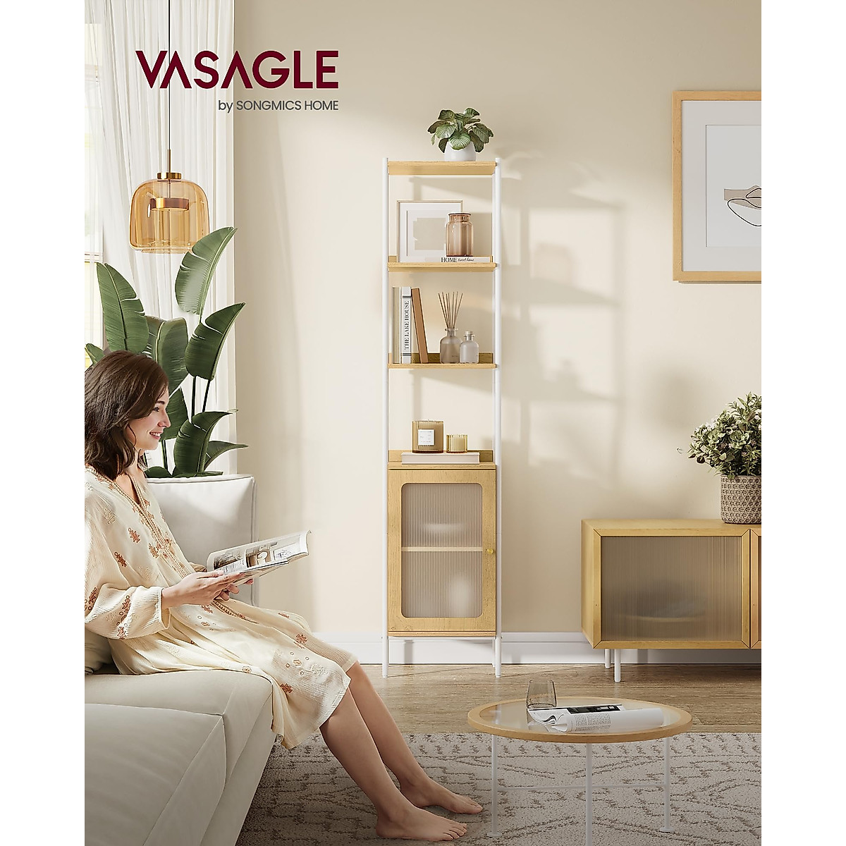 VASAGLE 6-Tier Bookcase, Slim Bookshelf with PC Door, Freestanding Storage Shelf with Metal Frame, Adjustable Shelf, for Living Room, Oak Beige and Pearl White ULLS123W57